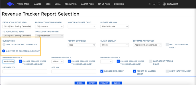 Revenue tracker reporting options