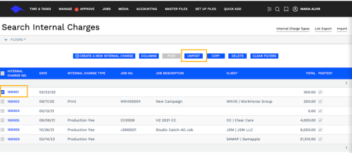 How to post and unpost internal charges