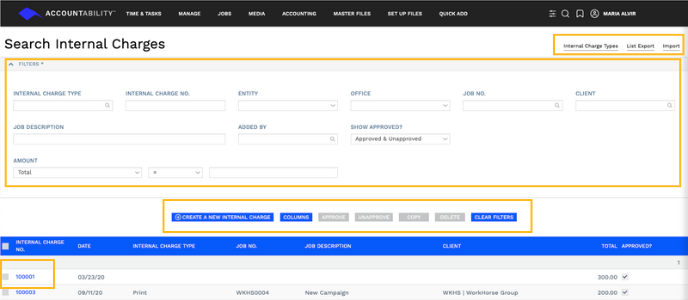 Internal charges page