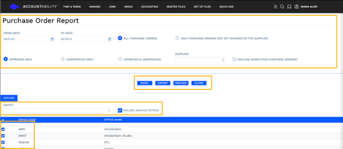 Purchase order report page