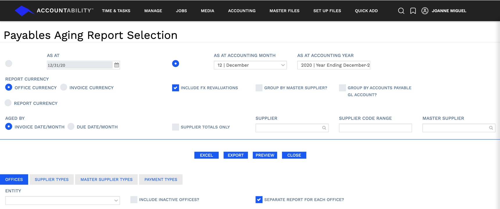 Payables aging report