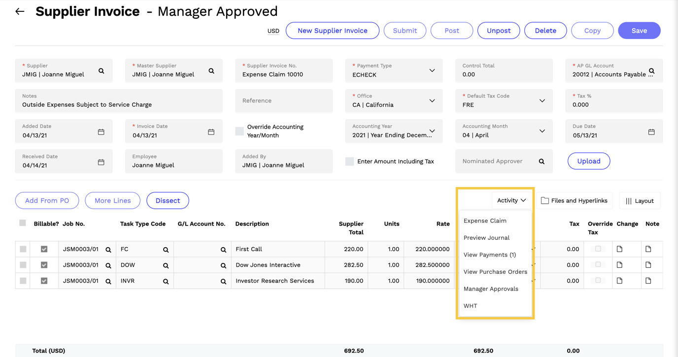 Redesigned supplier invoice form