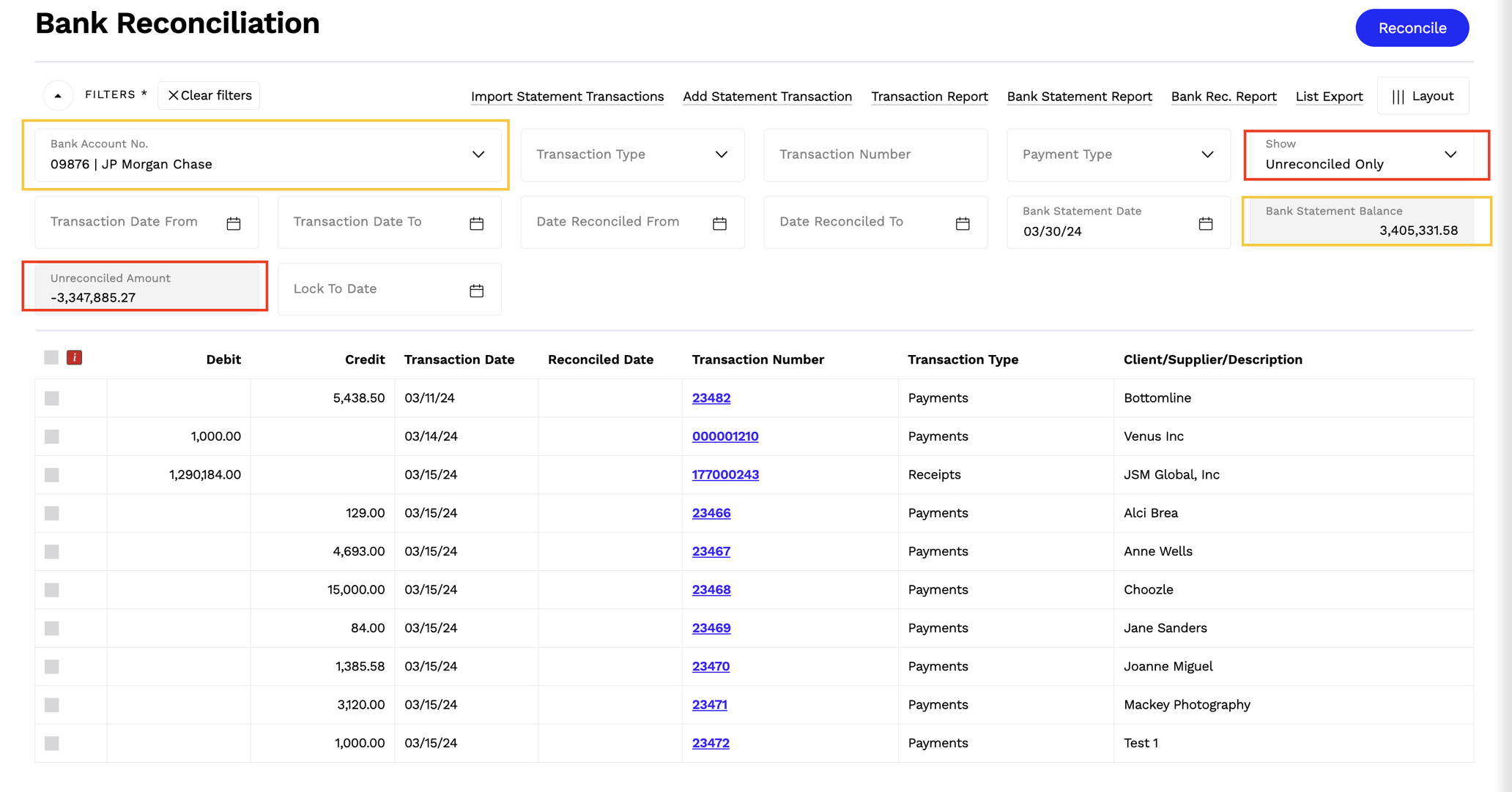 Bank reconciliation: Match GL transactions with bank statement transactions