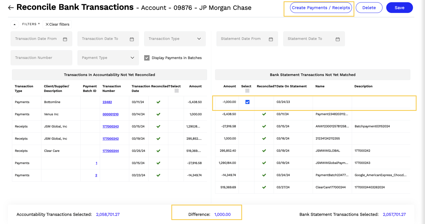 Bank reconciliation: Match GL transactions with bank statement transactions