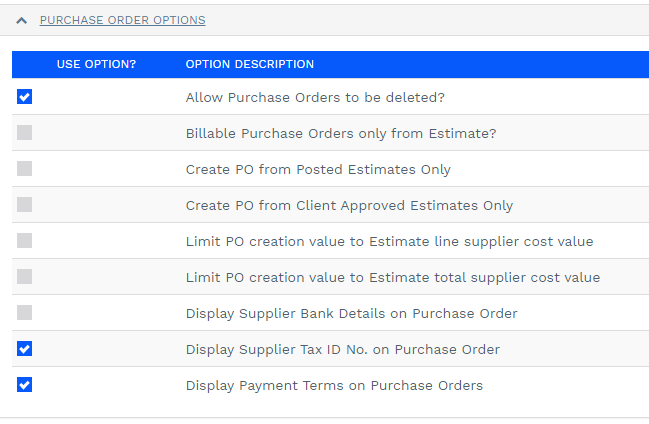 Purchase order setup options